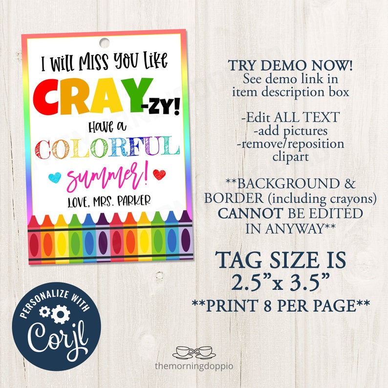 Printable/editable I Will Miss You Cray-zy Have a Colorful - Etsy