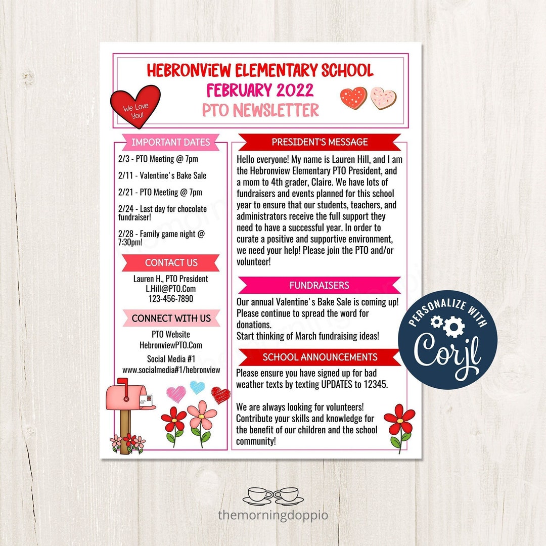 Editable February PTO PTA Newsletter Flyer Printable, School Year ...
