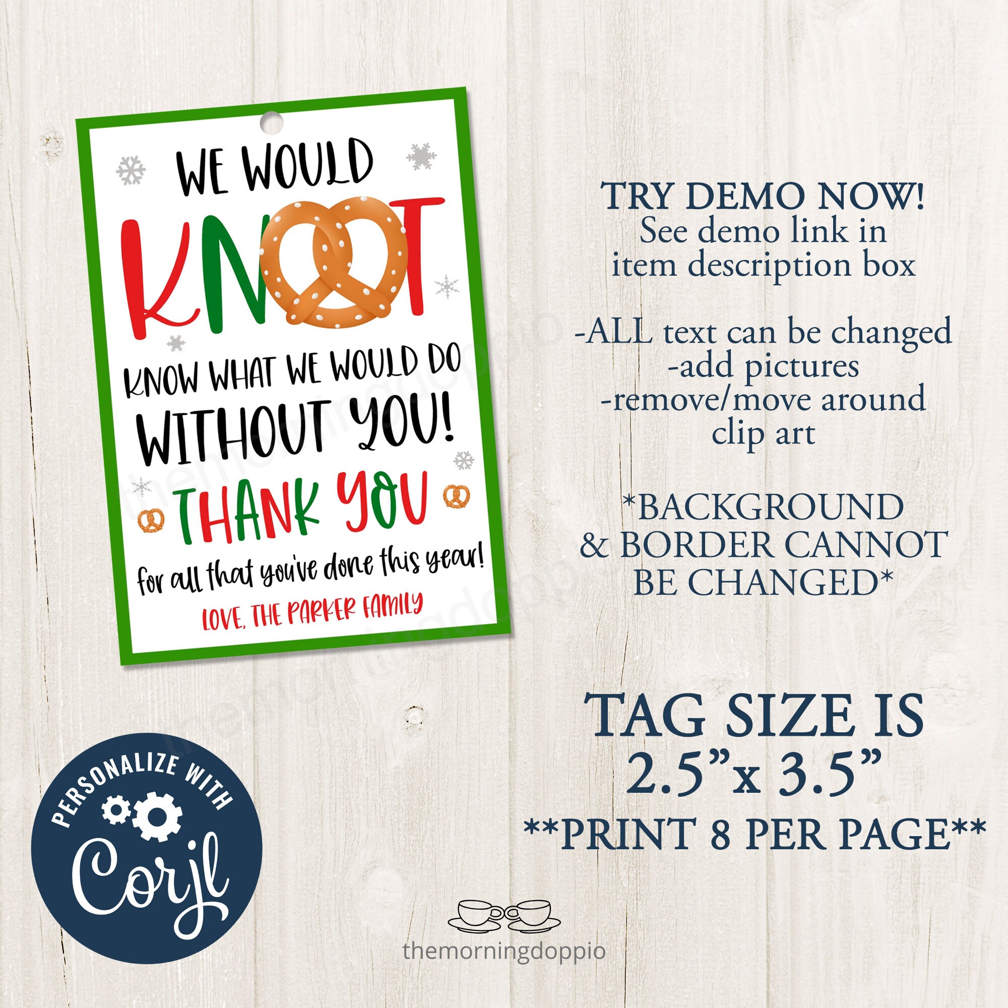 Printable/editable Pretzel KNOT Gift Tag for Christmas Holiday Winter ...