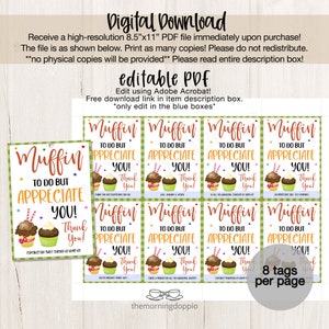 Printable/editable Muffin Gift Tag, Sweet Bakery Appreciation Gift Tags ...