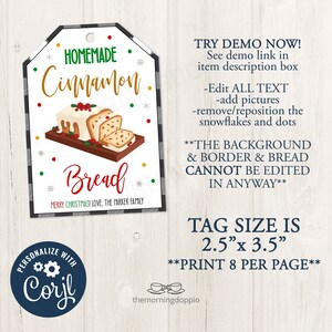 Printable/editable Homemade Cinnamon Bread Christmas Holiday Gift Tags ...