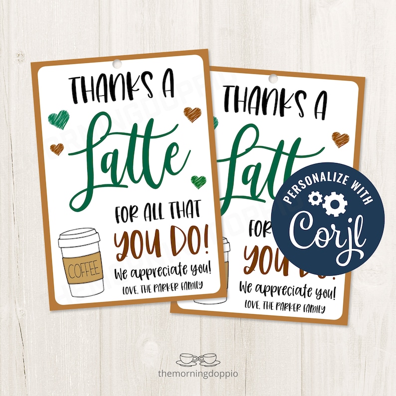 Printable/editable Thanks a Latte Coffee Gif Tag for Teachers - Etsy