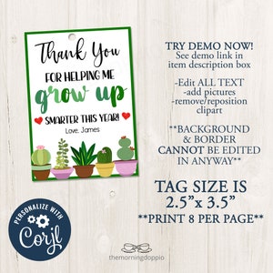 Printable/editable Thank You for Helping Me to Grow up Plant Cactus ...