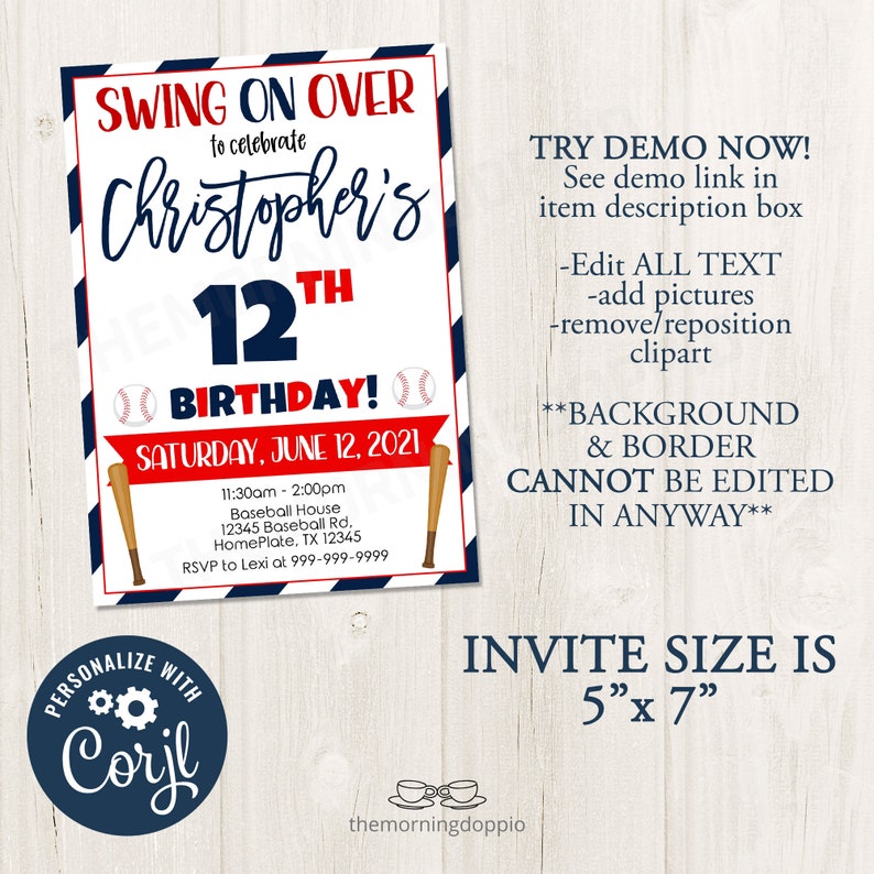 Baseball Birthday Party Invitation Digital Editable Template, Swing on ...