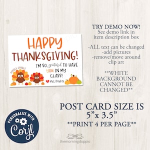 Printable/editable Thanksgiving Postcard for Students Classrooms ...