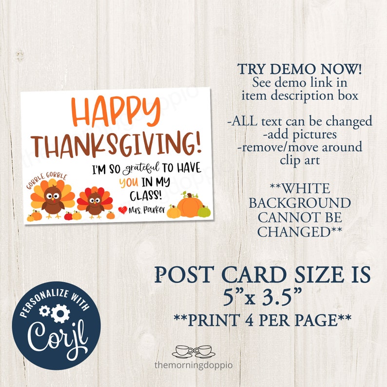 Printable/editable Thanksgiving Postcard for Students - Etsy