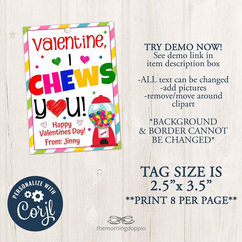 Printable/editable Valentine I CHEWS You Bubble Gum Gift Tag | Etsy