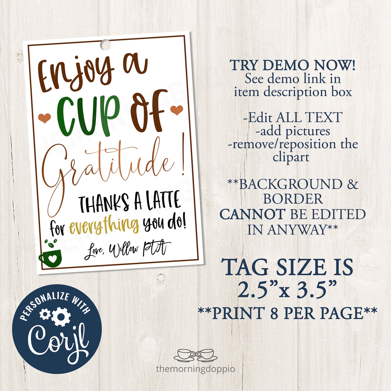 Printable/editable Cup of Gratitude Coffee Gift Tag, Thanks a Latte ...
