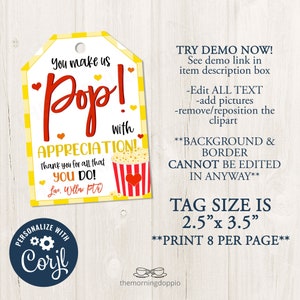 Printable/editable, You Make Us POP With Appreciation Popcorn Gift Tag ...