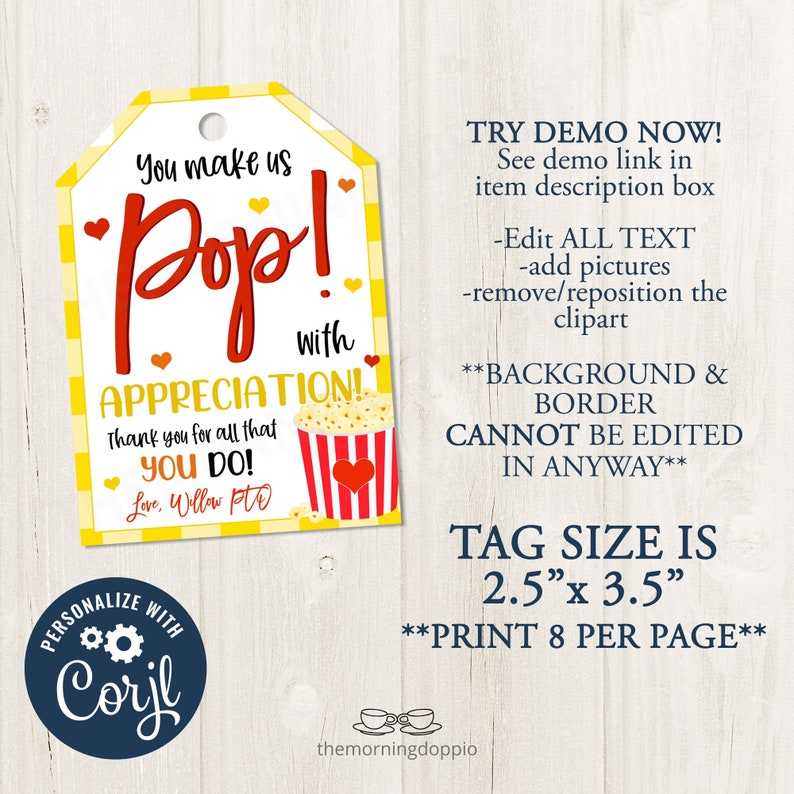 Printable/editable, You Make Us POP With Appreciation Popcorn Gift Tag ...