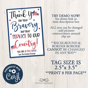 Printable/editable Veteran's Day Gift Tag, Thank You for Your Service ...