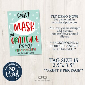 Printable/editable Can't Mask Gratitude for You Christmas Holiday Gift ...