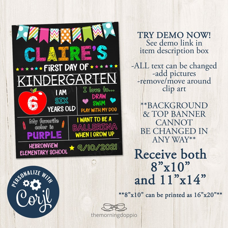 Printable/editable First Day of School Sign, First Day of Kindergarten ...