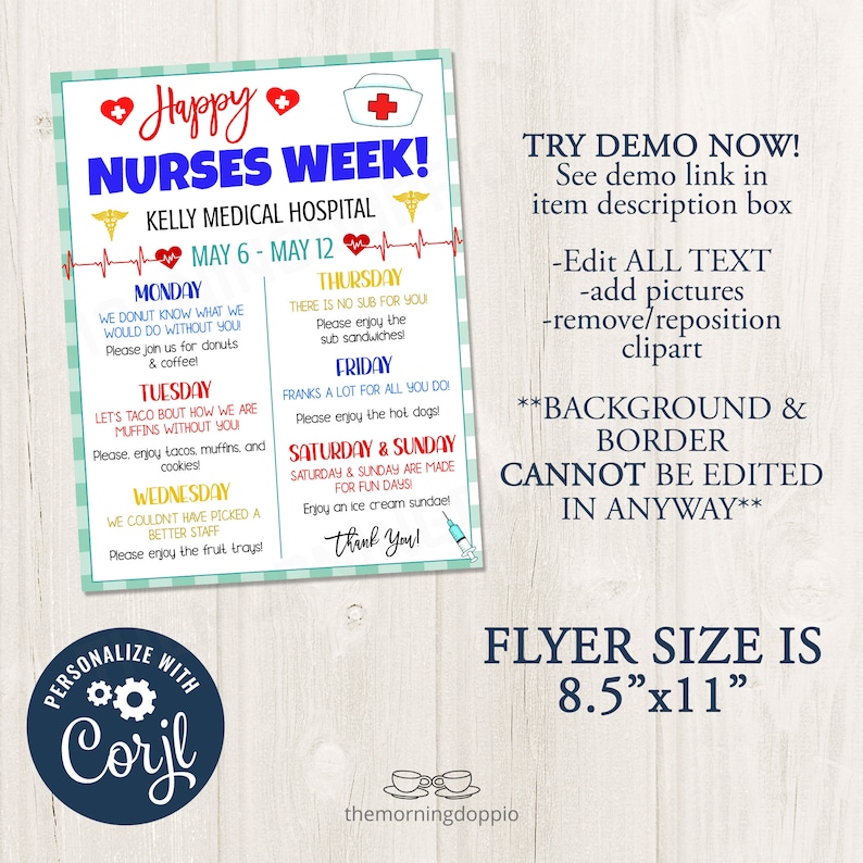 Printable/editable Happy Nurses Week Nurse Appreciation Week Itinerary ...