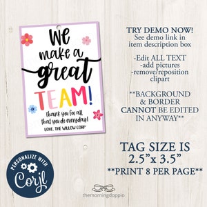 Printable/editable We Make a GREAT TEAM Gift Tag, Appreciation Gift Tag ...