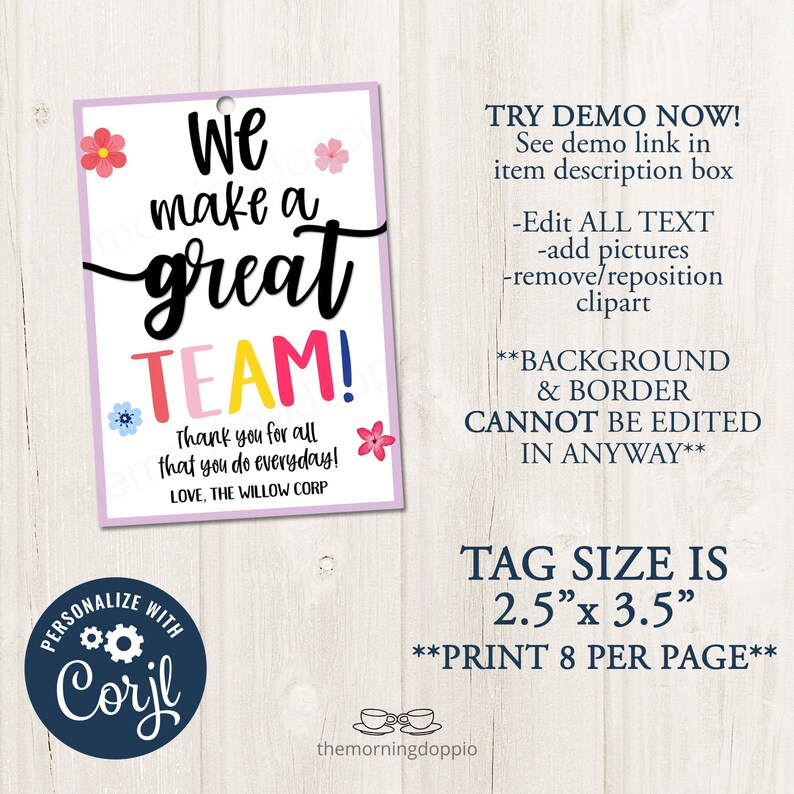 Printable/editable We Make a GREAT TEAM Gift Tag Appreciation - Etsy
