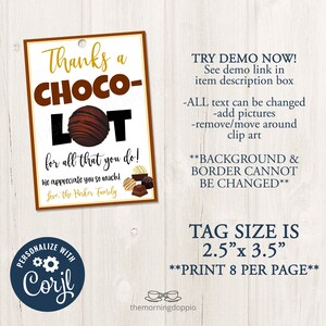 Printable/editable Thanks a Choco-lot Chocolate Candy Gift Tag for ...
