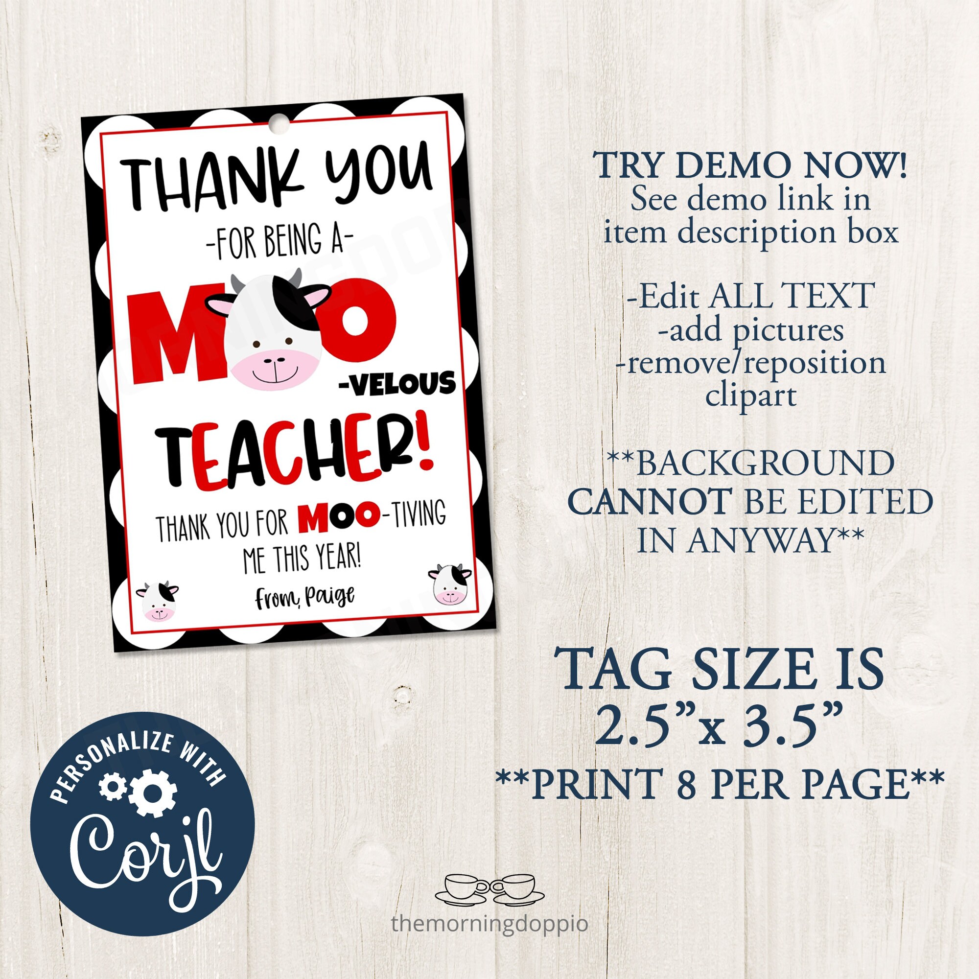 Printable/editable Thanks for Being a Moo-velous Teacher Chick - Etsy