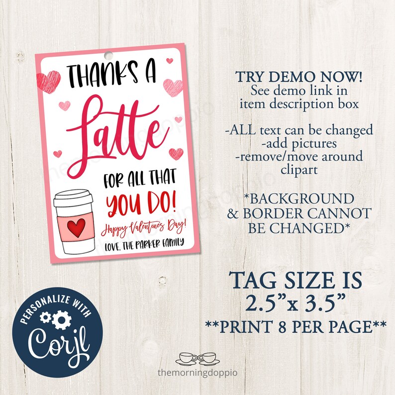 Printable/editable Thanks a Latte for All You Do Valentines - Etsy