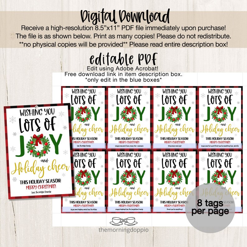 Printable/editable Joy Christmas Gift Tag, Wishing You Lots of Joy and ...