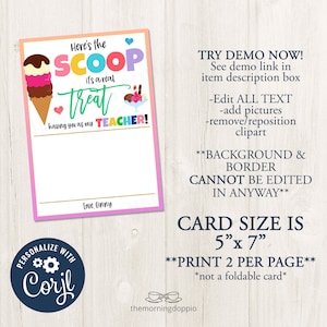 Printable/editable Ice Cream Thank You Gift Card Holder for Teacher PTO ...