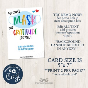 Printable/editable Can't Mask Gratitude Gift Card Holder for Teacher ...