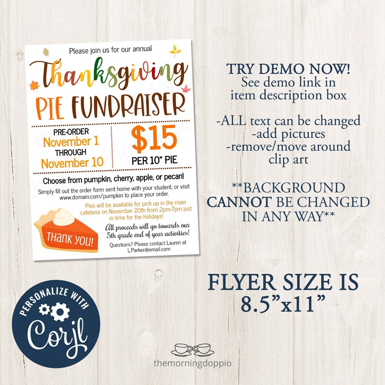Thanksgiving Pie Fundraiser Flyer Printable Editable Fall Pie - Etsy