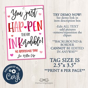 Printable/editable You Just Hap-pen to Be Ink-credible Valentines Pen ...
