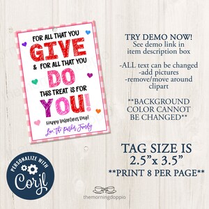 Printable/editable Thank You Appreciation Valentines Day Gift Tag for ...