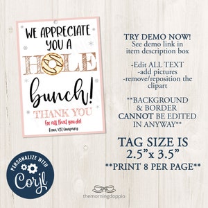 Printable/editable We Appreciate You a HOLE Bunch Thank You Donut Gift ...