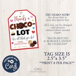 Printable/editable Thanks a Choco-lot Valentine's Day Gift Tag for ...