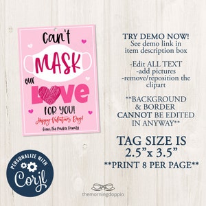 Printable/editable Can't Mask Our LOVE for You Valentines Day Gift Tag ...