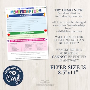 Printable/editable PTO PTA Membership Form, Pto/pta Parent Volunteer ...