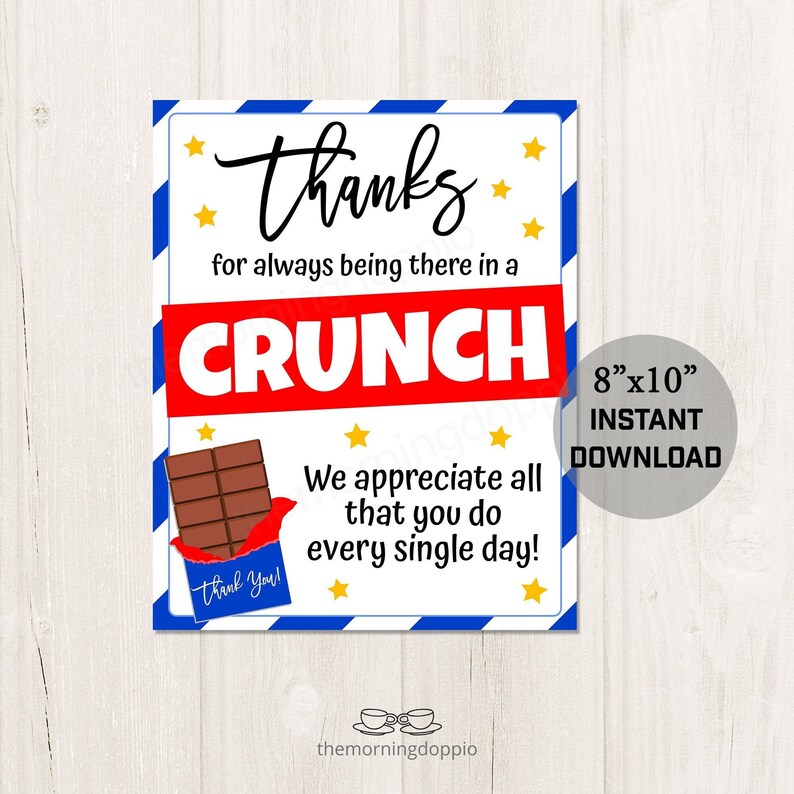 Printable Thanks for Being There in a Crunch Chocolate Thank | Etsy