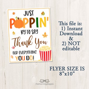 Printable Poppin by to Say Thank You Popcorn Appreciation Fall ...
