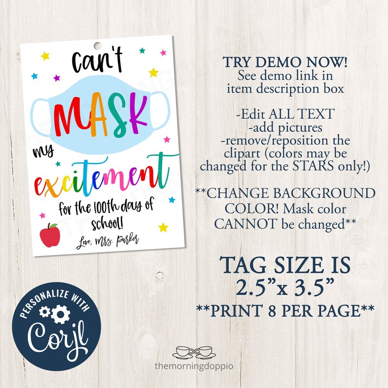 Printable/editable Can't MASK My Excitement for the 100th Day of School ...