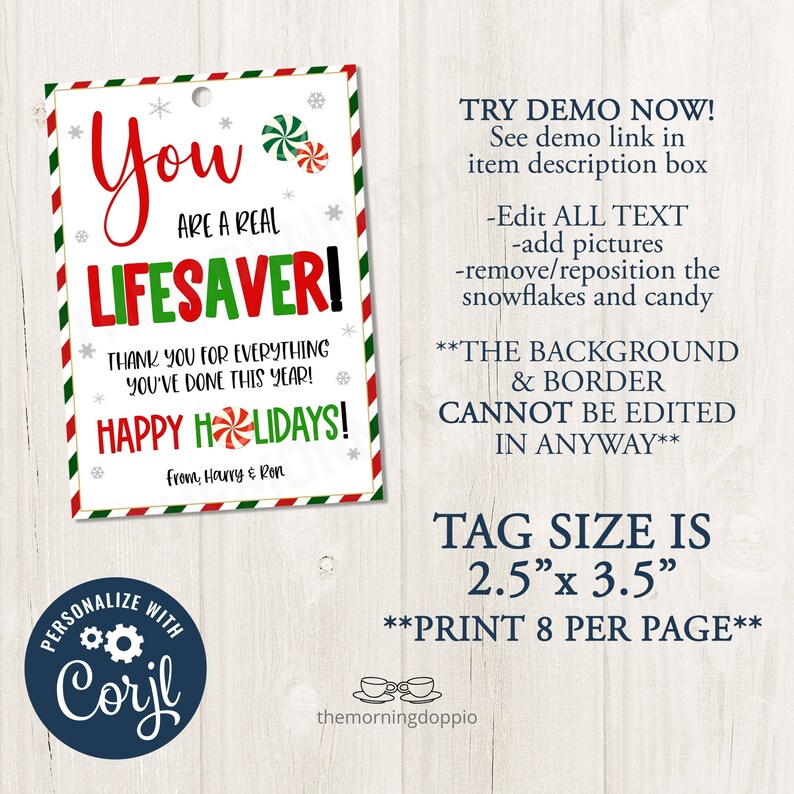 Printable/EDITABLE You are a Real Lifesaver Christmas Holiday | Etsy