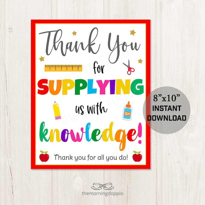 Printable School Supplies Knowledge Appreciation Thank You - Etsy