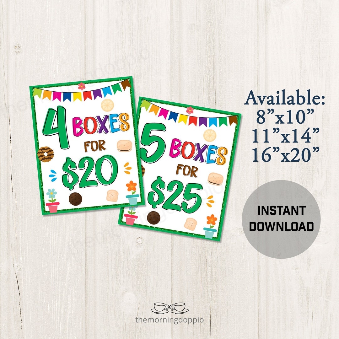 Printable Cookie Booth Sale Sign, Instant Download 4 for 20, 5 for 25 ...