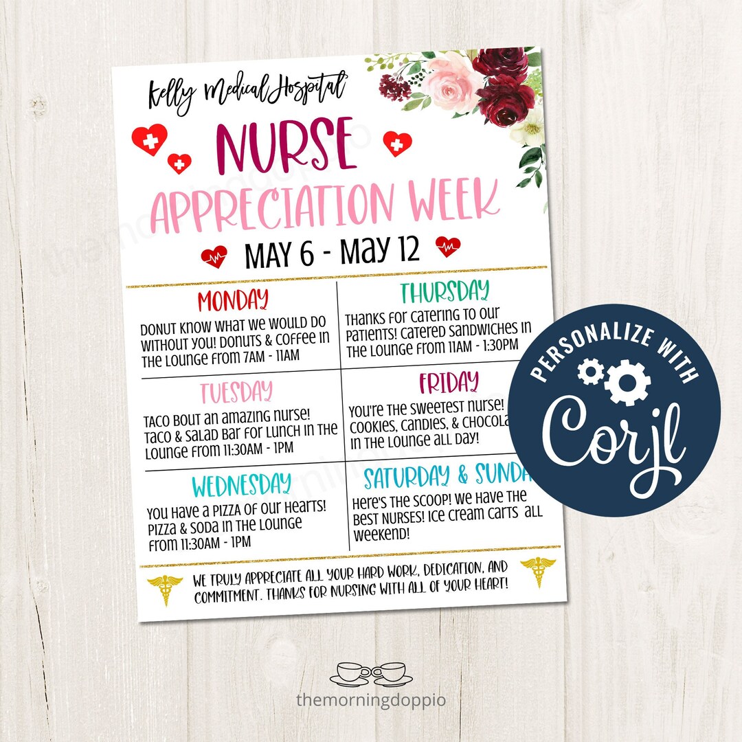 Printable/editable Floral Theme Nurse Appreciation Week Itinerary Flyer ...