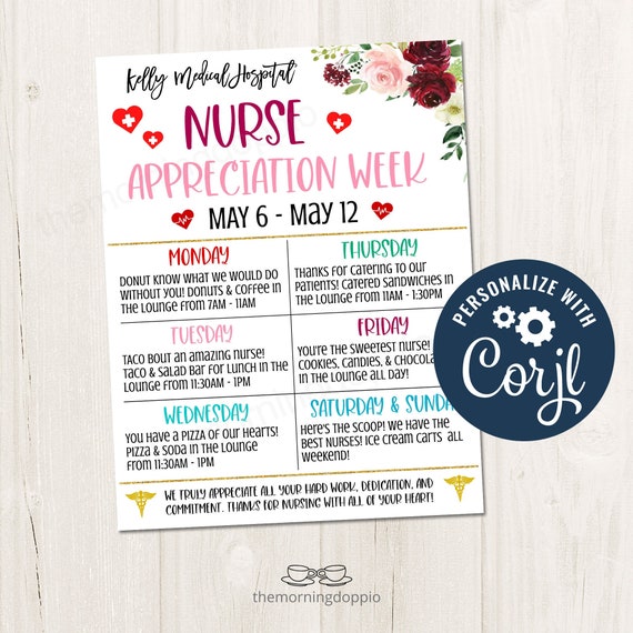 CORJL Template National Nurses Week Schedule Printable/Editable Happy ...