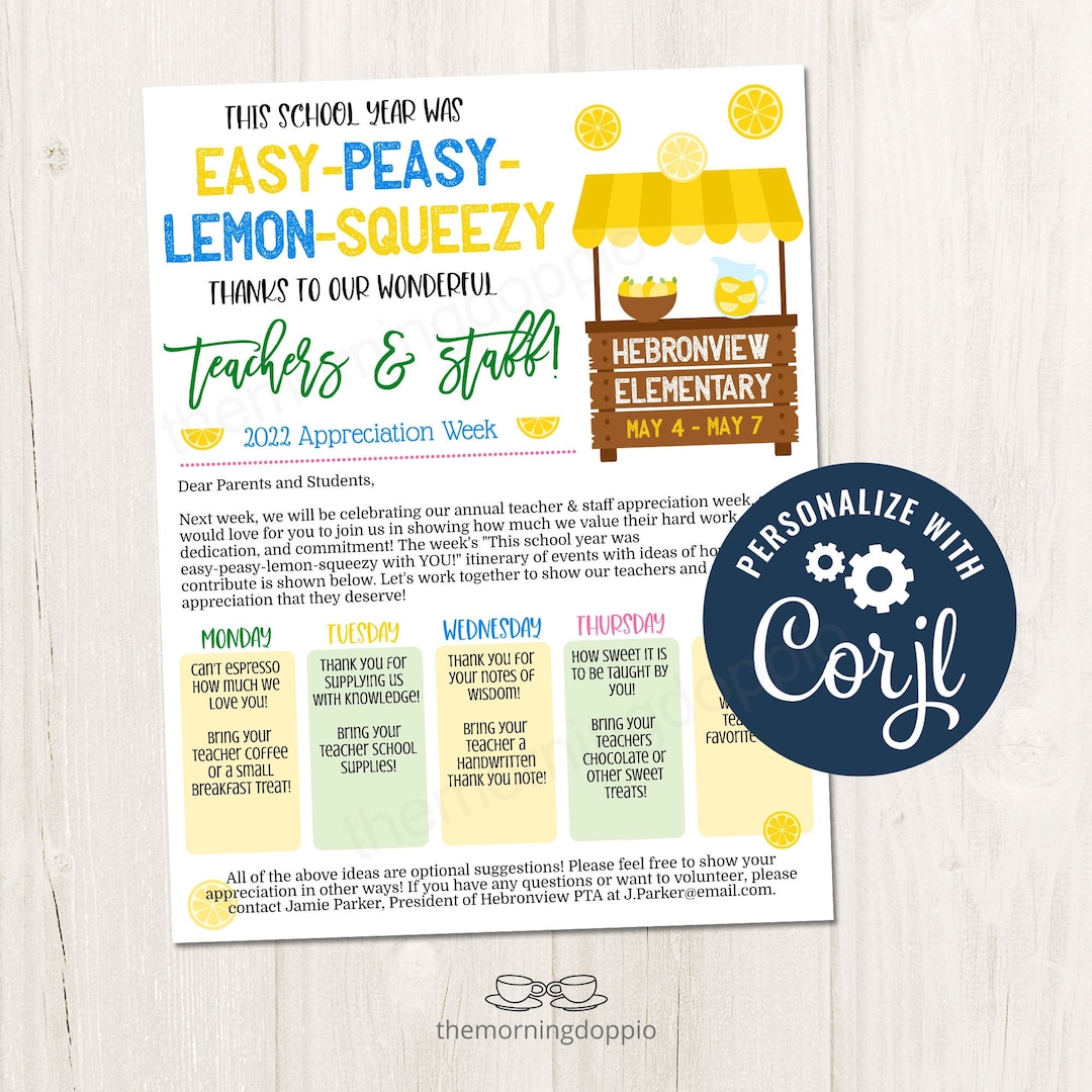 Printable/editable Lemon Teacher Staff Appreciation Week Parent ...