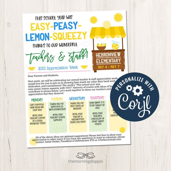 Printable/editable Lemon Teacher Staff Appreciation Week | Etsy