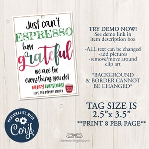 Printable/editable Christmas Can't Espresso Gratitude for You Coffee ...