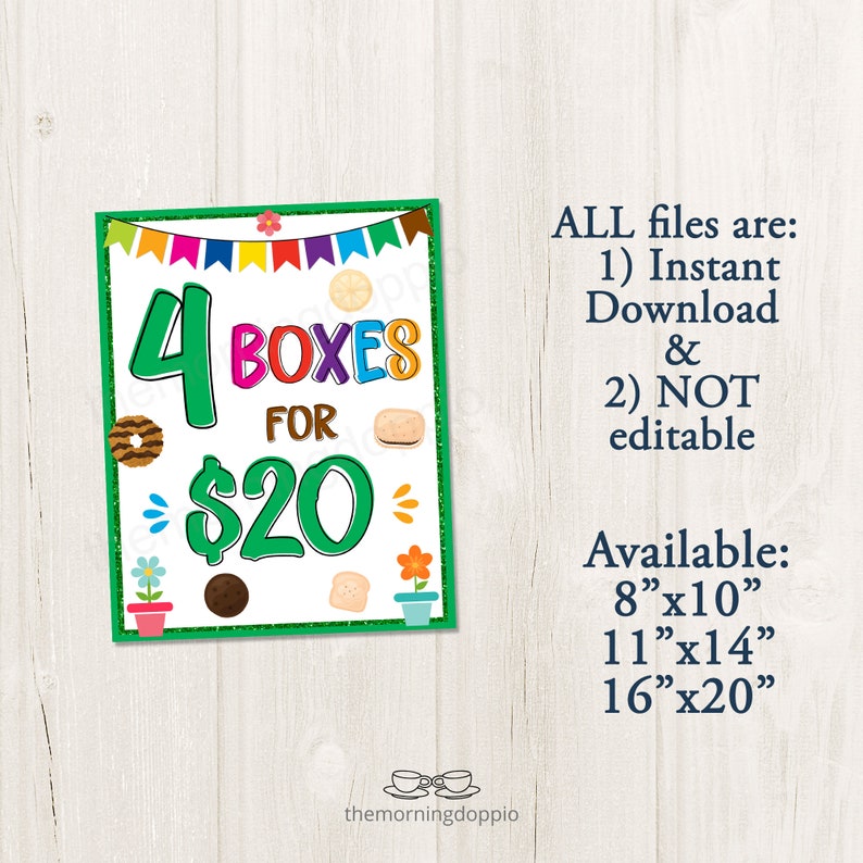 Printable Cookie Booth Sale Sign, Instant Download 4 for 20 Sale Sign ...