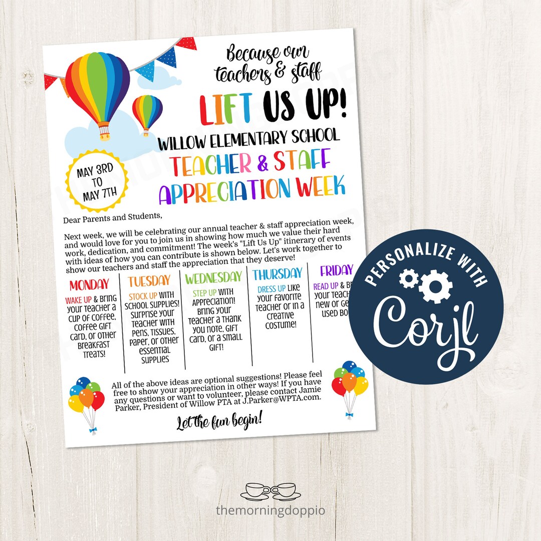 Printable/editable Lift Us up Teacher Staff Appreciation Week Parent ...