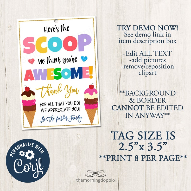 Printable/editable Ice Cream Thank You Teacher Gift Tag for - Etsy