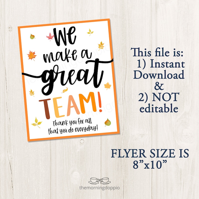 Printable We Make a Great Team Thanksgiving Fall Grateful Thank You ...