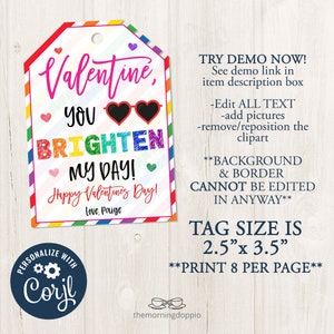 Printable/editable You Brighten My Day Valentine Sunglass Gift Tag ...