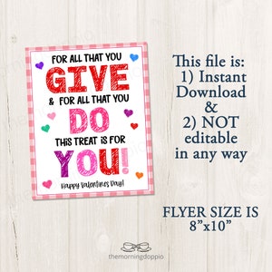 Printable Valentines Day Treat Snack Bar Appreciation Thank You Sign ...